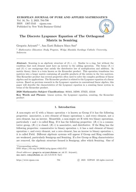 Pdf The Discrete Lyapunov Equation Of The Orthogonal Matrix In Semiring
