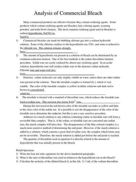Analysis Of Bleach Pdf Titration Chemistry
