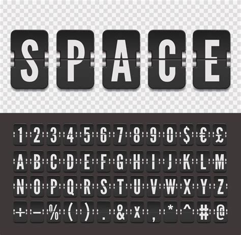 비행 정보 및 시간표 벡터 일러스트레이션을 위한 공항 플립 보드 글꼴 우주 여행 일정을 위한 블랙 터미널 기계적 스코어보드 굵은 알파벳 프리미엄 벡터