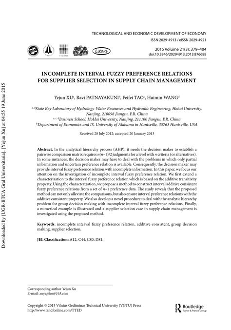 Pdf Incomplete Interval Fuzzy Preference Relations For Supplier