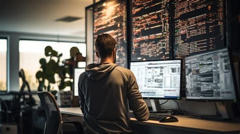 Premium Ai Image A Man Of Developers Monitors Showing Lines Of Code