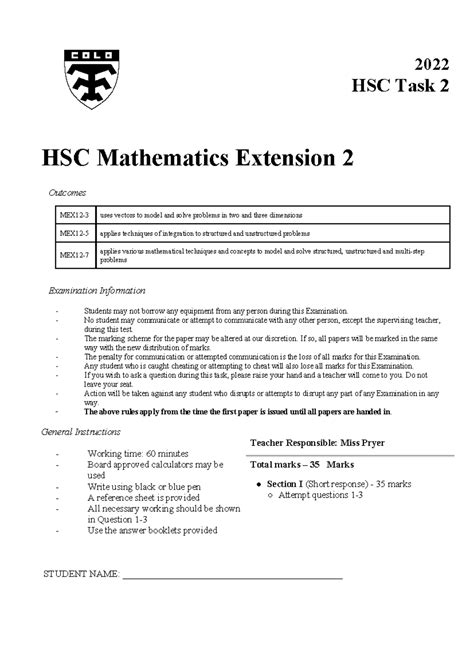 2022 X2 Hsc Task 2 3d Vectors And Integration Pdf 2022 Hsc Task 2 Hsc Mathematics Extension