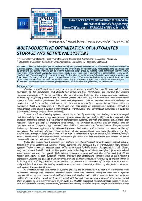 Pdf Multi Objective Optimization Of Automated Storage And Retrieval