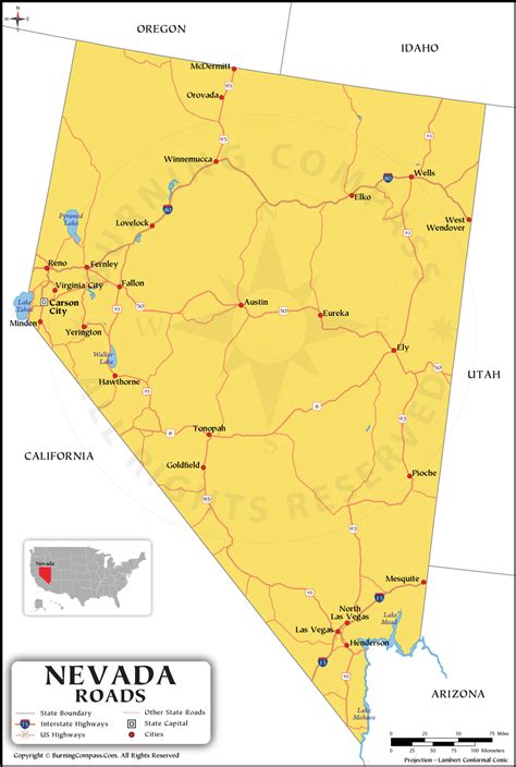 Nevada Road Map With Interstate Highways And Us Highways
