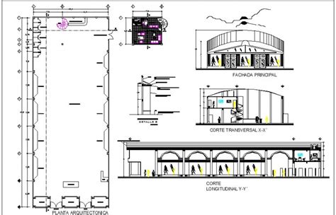 Plan Elevation And Section Detail Of Single Story Building Block Layout File In Dwg Format