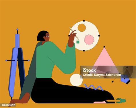 스타일러스 펜으로 추상적인 모양을 그리는 소프트웨어 에서 일하는 여성 일러스트레이터 디자이너 캐릭터 프리랜서 또는 아트 디렉터 컨셉 미술 감독에 대한 스톡 벡터 아트 및