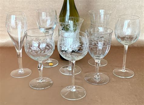 Vintage Assorted Pattern Etched Crystal Wine Glasses Mismatched Styles