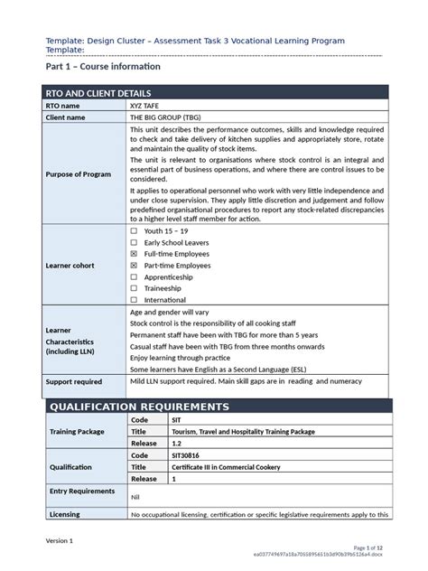 design cluster assessment task 3 vocational learning program design cluster sith download free