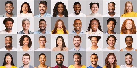 Collage Of Happy Multiracial People Faces On Gray Backgrounds Stock
