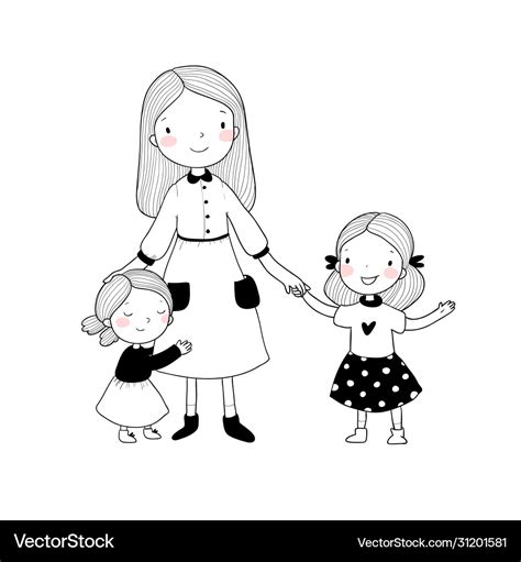 Young Mother And Two Daughters Cute Cartoon Vector Image