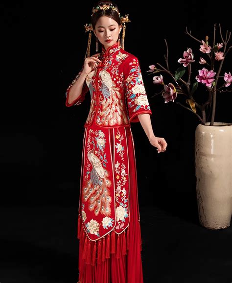 Red Peacock Chinese Wedding Dress Qipao Fashion Hanfu