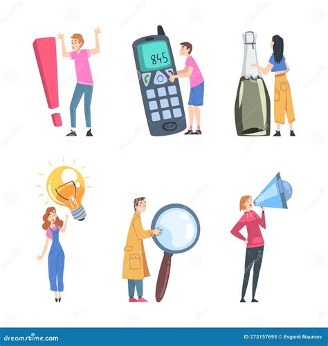Tiny People Characters Holding Huge Objects Vector Set Stock Vector