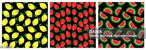 수박 딸기 레몬 과일 원활한 패턴 세트입니다 패션 의류 디자인입니다 드레스 스커트 리넨 또는 커튼을위한 음식 인쇄 손으로 그린