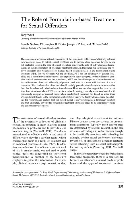 PDF Practical And Theoretical Roles For The Formulation Based Treatment Of Sexual Offenders