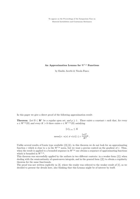 Pdf An Approximation Lemma For W 1 P Functions