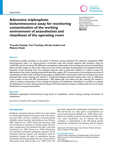 Pdf Adenosine Triphosphate Bioluminescence Assay For Monitoring