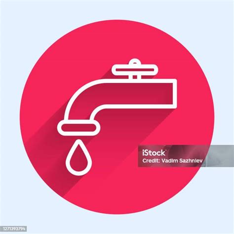 긴 그림자로 격리 된 떨어지는 물 방울 아이콘과 흰색 라인 물 탭 빨간색 원 버튼입니다 벡터 일러스트레이션 물에 대한 스톡 벡터 아트 및 기타 이미지 Istock