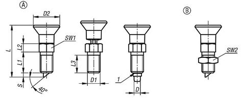 Kipp 플라스틱 버섯형 그립이 있는 스틸 혹은 스테인레스 인덱스 플런저 비틀림 방지 장치 및 각진 디플렉터 포함