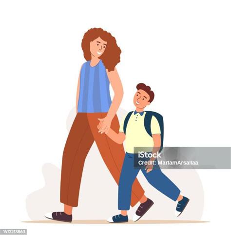 어머니와 아들은 함께 간다 어린 엄마는 소년 아이를 학교에 인도하고 손으로 잡고 여자 부모는 배낭 걷기로 아이와 아이를 지원합니다 흰색 배경에 격리된 플랫 벡터 일러스트