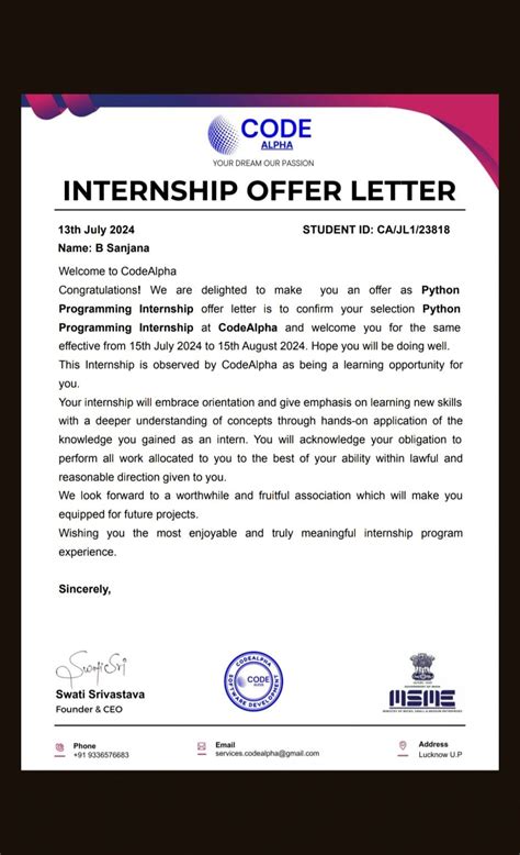 Sanjana B On Linkedin Internship Codealpha Pythonprogramming Professionalgrowth