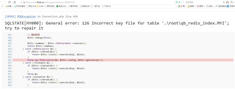 网站出现sqlstate[hy000] general error 145 table root qb redis index
