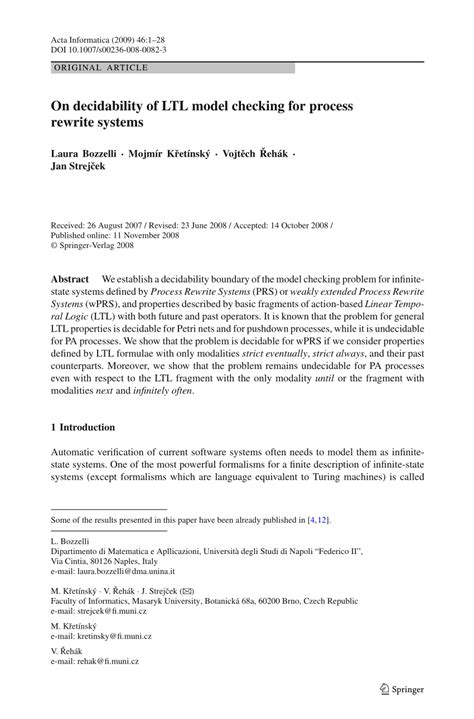 Pdf On Decidability Of Ltl Past Model Checking For Process Rewrite Systems