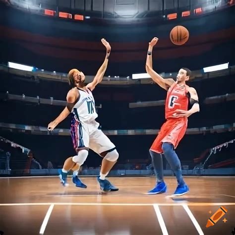 Professional Basketball Players In Action On A Court In A Brightly Lit