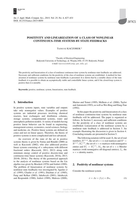 Pdf Positivity And Linearization Of A Class Of Nonlinear Continuous
