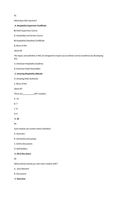 AHA Answer Key Answey Key In AHA HPC International Hospitality Management Studocu