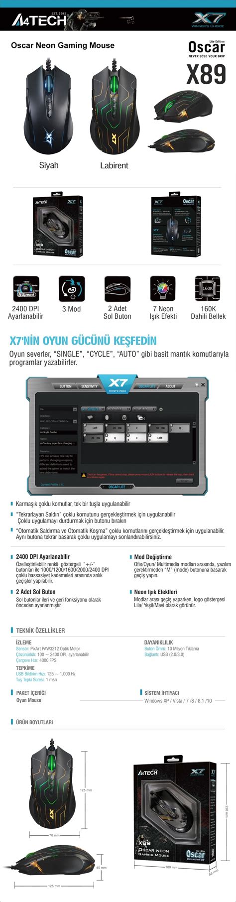 A4 Tech X7 Oscar Neon X89 Maze 2400DPI USB Makrolu Oyuncu Fiyatı