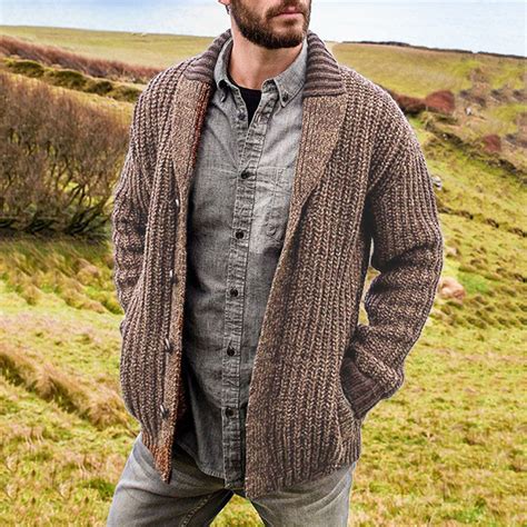Mens Cable Knit Cardigan Sweater Shawl Collar Loose Fit Long Sleeve