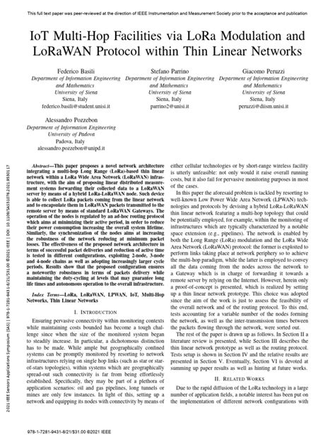 Iot Multi Hop Facilities Via Lora Modulation And Lora Wanprotocol Within Thin Linear Networks