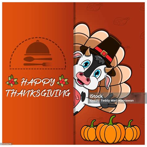 암소 캐릭터 디자인이 있는 추수감사절 카드 행복한 추수 감사절 인사말 카드 포스터 또는 전단지 축하 디자인에 적합합니다 11월에 대한 스톡 벡터 아트 및 기타 이미지