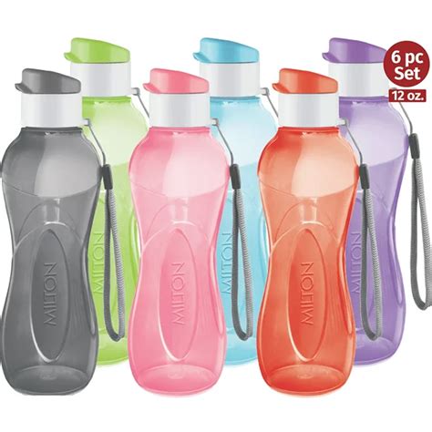 Milton 6 Pc Reusable Plastic Water Bottles 12 Oz Multicolor Lightweight Leakproof