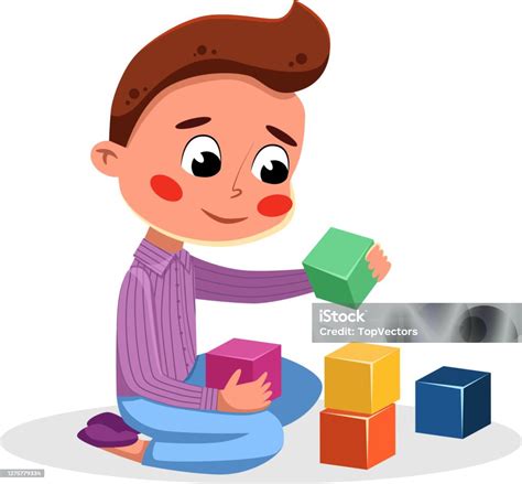 화려한 장난감 블록 아이 좋은 행동 만화 스타일 벡터 일러스트와 함께 재생 귀여운 사랑스러운 작은 소년 교육에 대한 스톡 벡터 아트 및 기타 이미지 Istock
