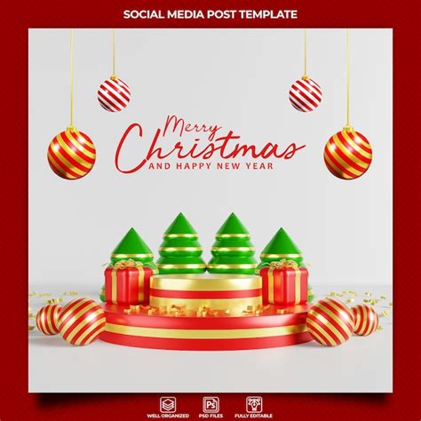 3d 현실적인 요소가 포함된 메리 크리스마스 및 새해 복 많이 받으세요 소셜 미디어 게시물 템플릿 프리미엄 Psd 파일
