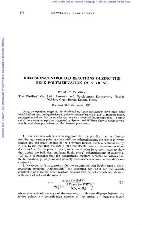 Pdf Diffusion Controlled Reactions During The Bulk Polymerization Of