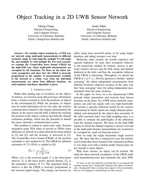 Pdf Object Tracking In A 2d Uwb Sensor Network