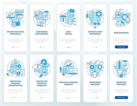 Business Analysis And Intelligence Blue Onboarding Mobile App Screen Set Walkthrough 5 Steps