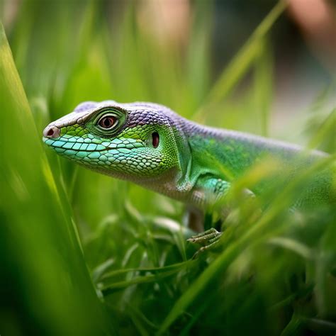 Green Lawn Lizard Between Blades Of Grasslong Tailmacro Photography