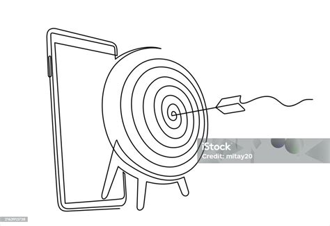 스마트폰과 화살표가 표적을 맞추는 단일 연속 선화 화살표는 다트판의 목표에 정확히 꽂습니다 정확성 비즈니스 전략의 개념 한 줄의 그림 그래픽 디자인 0명에 대한 스톡 벡터