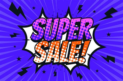 배너 포스터 번개와 별 실루엣빈티지 텍스트 슈퍼 세일과 만화 스타일의 팝 아트 일러스트 프레임 폭발 거품 보라색 0명에 대한 스톡 벡터 아트 및 기타 이미지 Istock