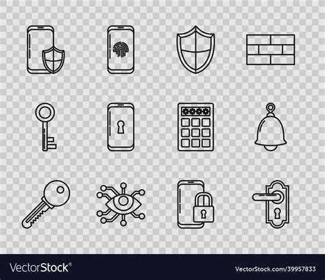 Set Line Key Door Handle Shield Eye Scan Vector Image