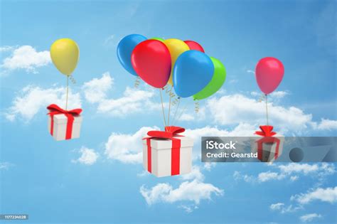 푸른 하늘 배경에 화려한 풍선에 묶여 빨간색 리본 선물 상자의 3d 렌더링 3차원 형태에 대한 스톡 사진 및 기타 이미지 3차원 형태 개체 그룹 공휴일 Istock