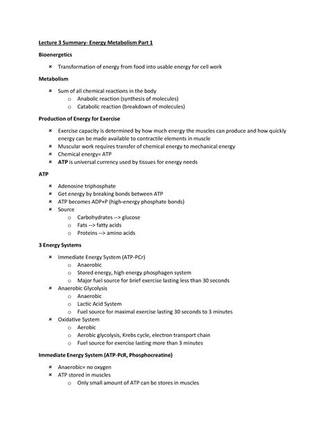 Kines Lecture Summary Lecture Summary Energy Metabolism Part Bioenergetics