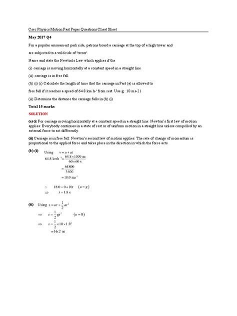 Csec Physics Motion Past Paper Solutions Cheat Sheet Pdf Velocity