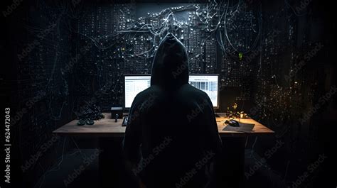 Cyber Security Concept Cyber Crime Hacker With Laptop Abstract Binary Code Digital Interface