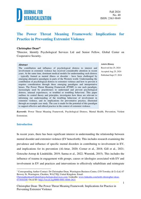 Pdf The Power Threat Meaning Framework Implications For Practice In Preventing Extremist Violence