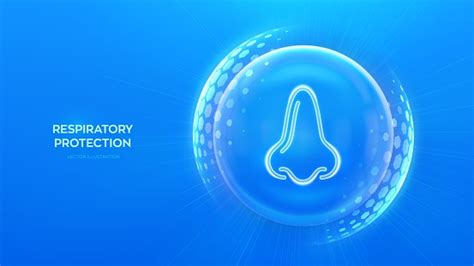 인간의 코 및 호흡기 계통 관리 바이러스 먼지 및 알레르겐으로부터 보호 의료 파란색 배경에 육각형 패턴이 있는 보호 구체 방패 내부의 코 아이콘 벡터 일러스트 레이 션 구에