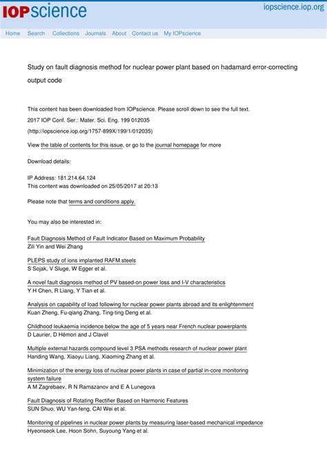 Pdf Study On Fault Diagnosis Method For Nuclear Power Plant Based On